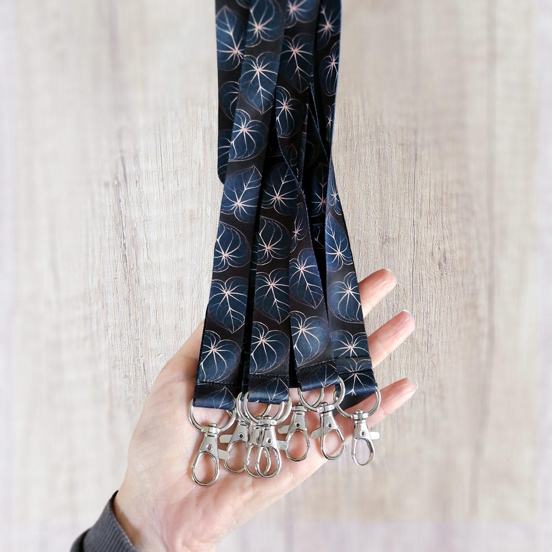 Men's Black Lanyard With Blue Leaf Design – Stylish Neck Strap for Keys ...