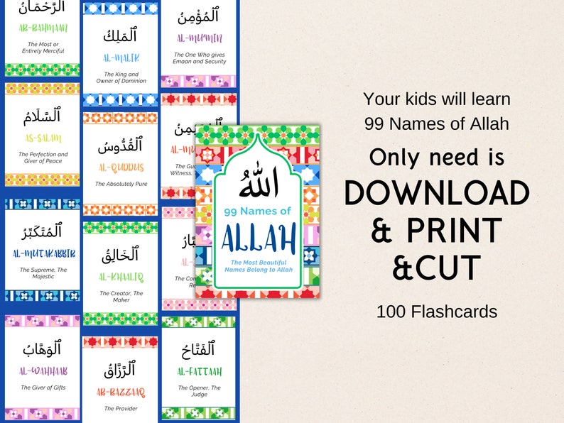 99 Names of Allah Islamic Cards for Kids, Islamic Education Flashcards ...