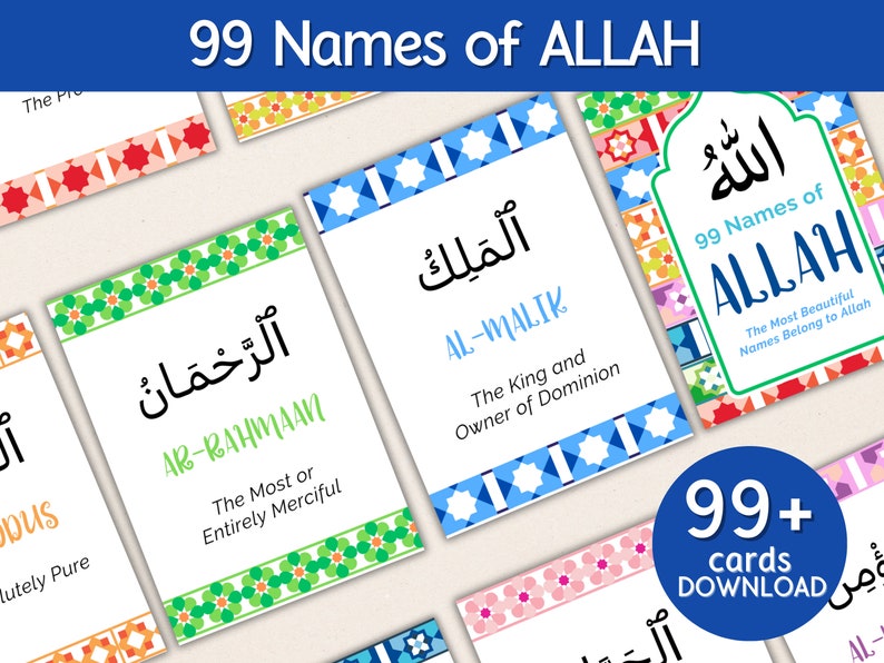 99 Names of Allah Islamic Cards for Kids, Islamic Education Flashcards ...