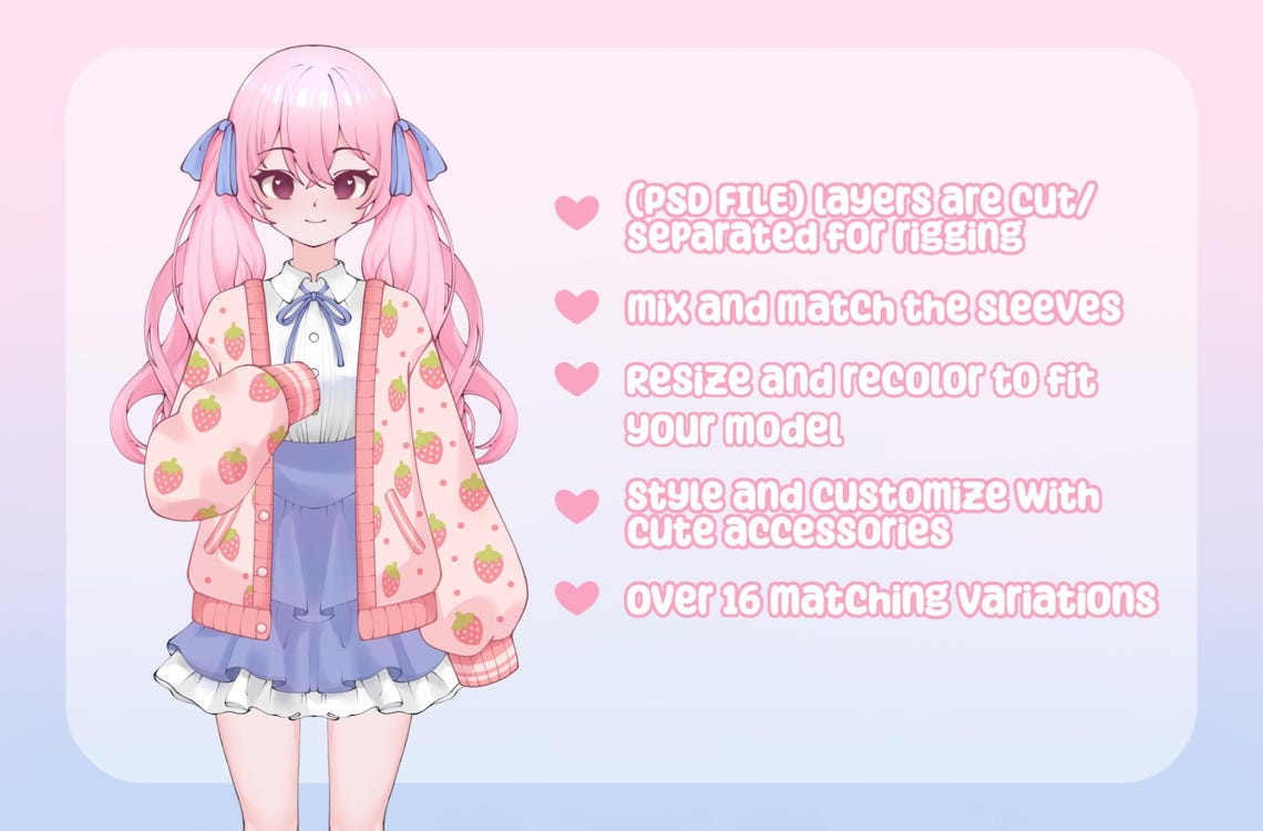 Vtuber Asset - Cozy Pink Strawberry Cardigan, Jacket, Digital PSD ...