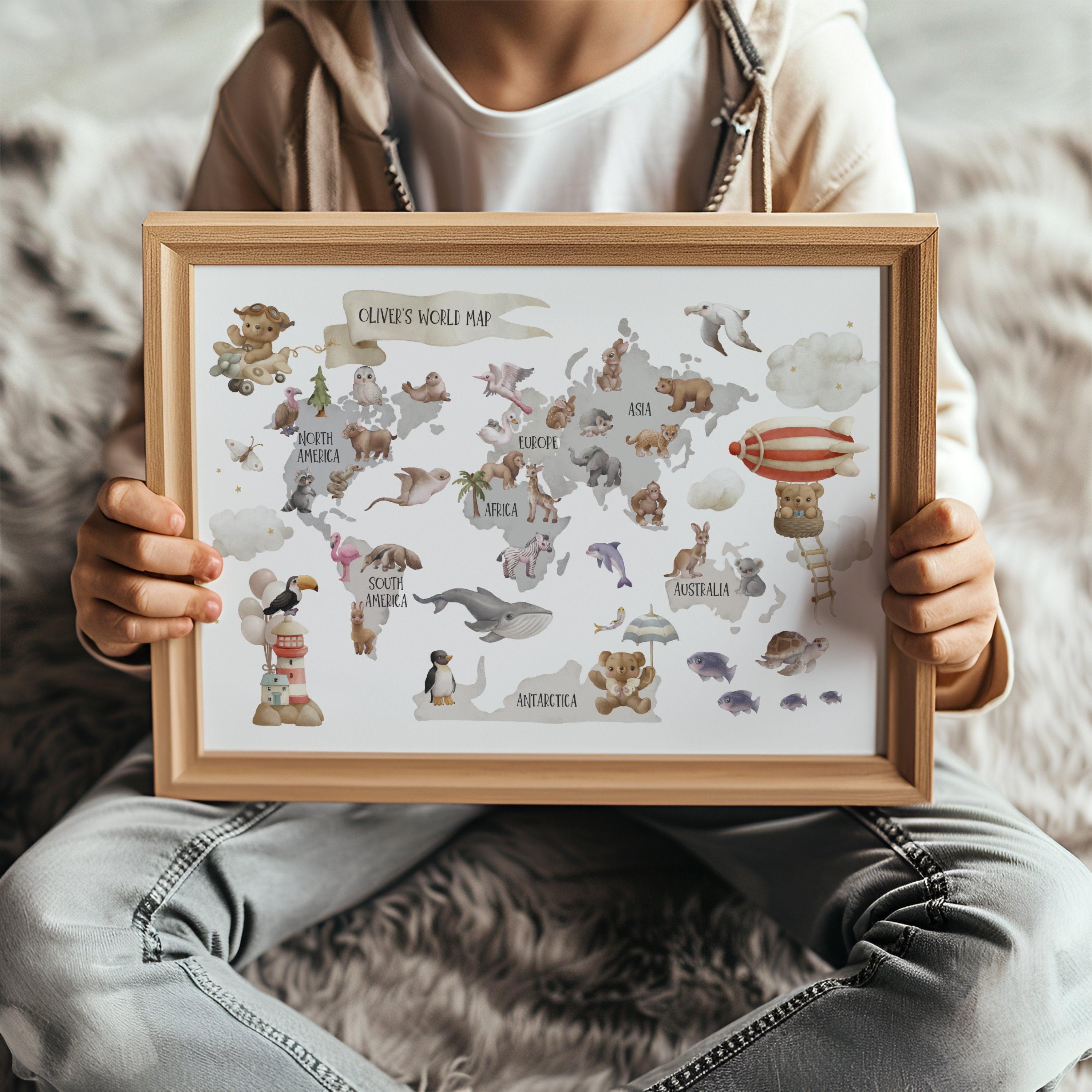 Personalized Animal World Map Print, Nursery Map, Kids Poster ...