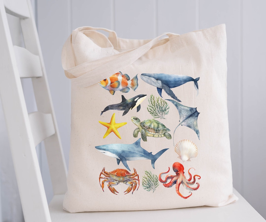 Sea Life Tote Bag, Shopper Tote Bag Underwater Life, Canvas Tote Bag ...