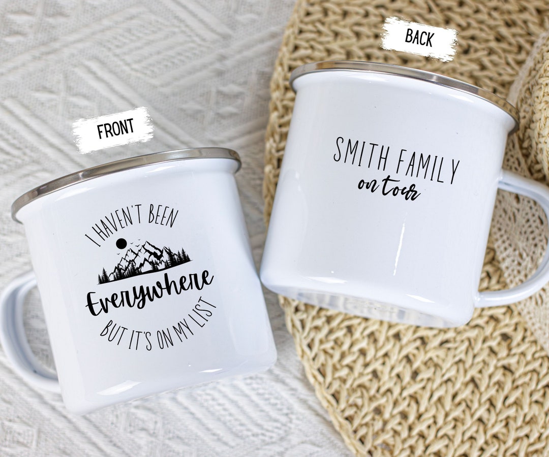 Personalized Enamel Camping Mug, Custom Family Adventure Mug, World ...
