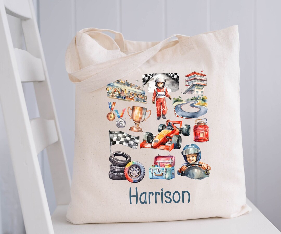 Custom Kids Tote Bag Race Car, Personalized Racing Tote Bag, Race Car ...
