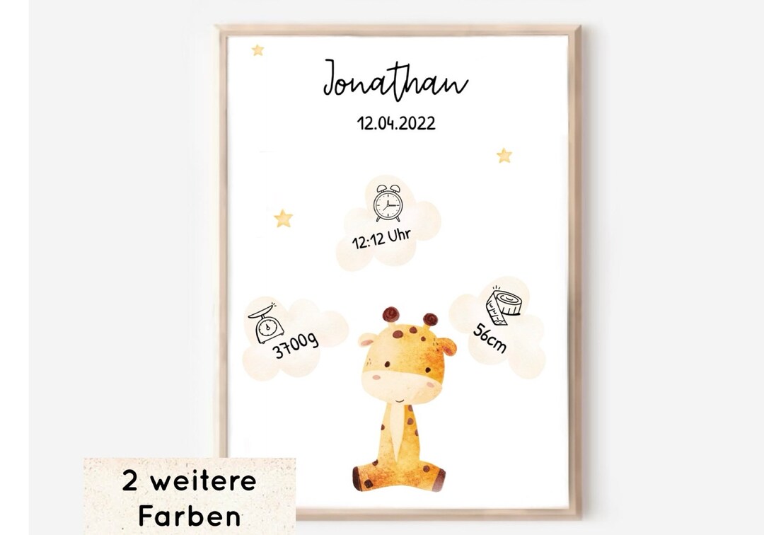 Birth Poster Giraffe Color Choice, Print, Poster, Children's Room ...