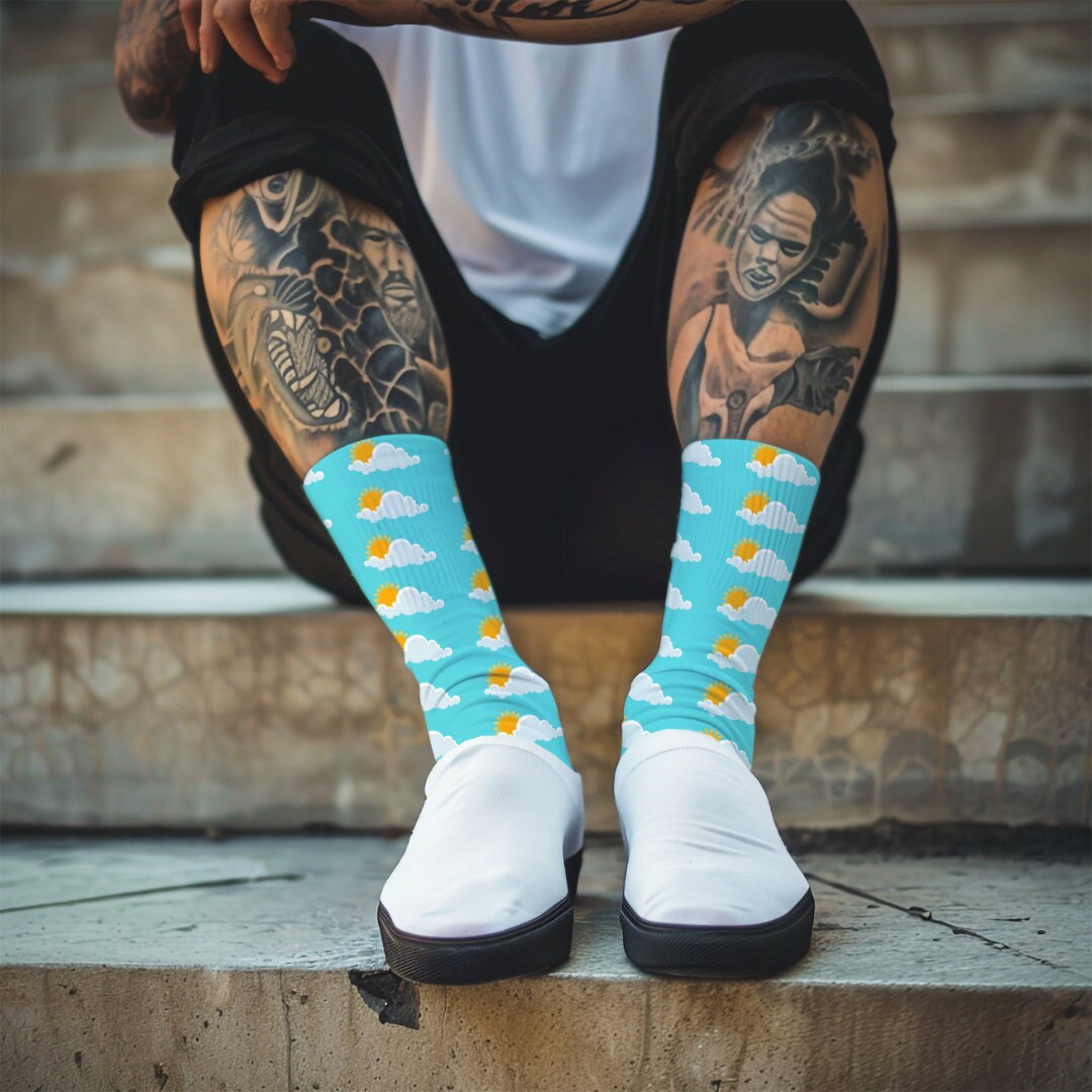 Sunny Sky Crew Socks: Cushioned Sun & Cloud Pattern - Etsy