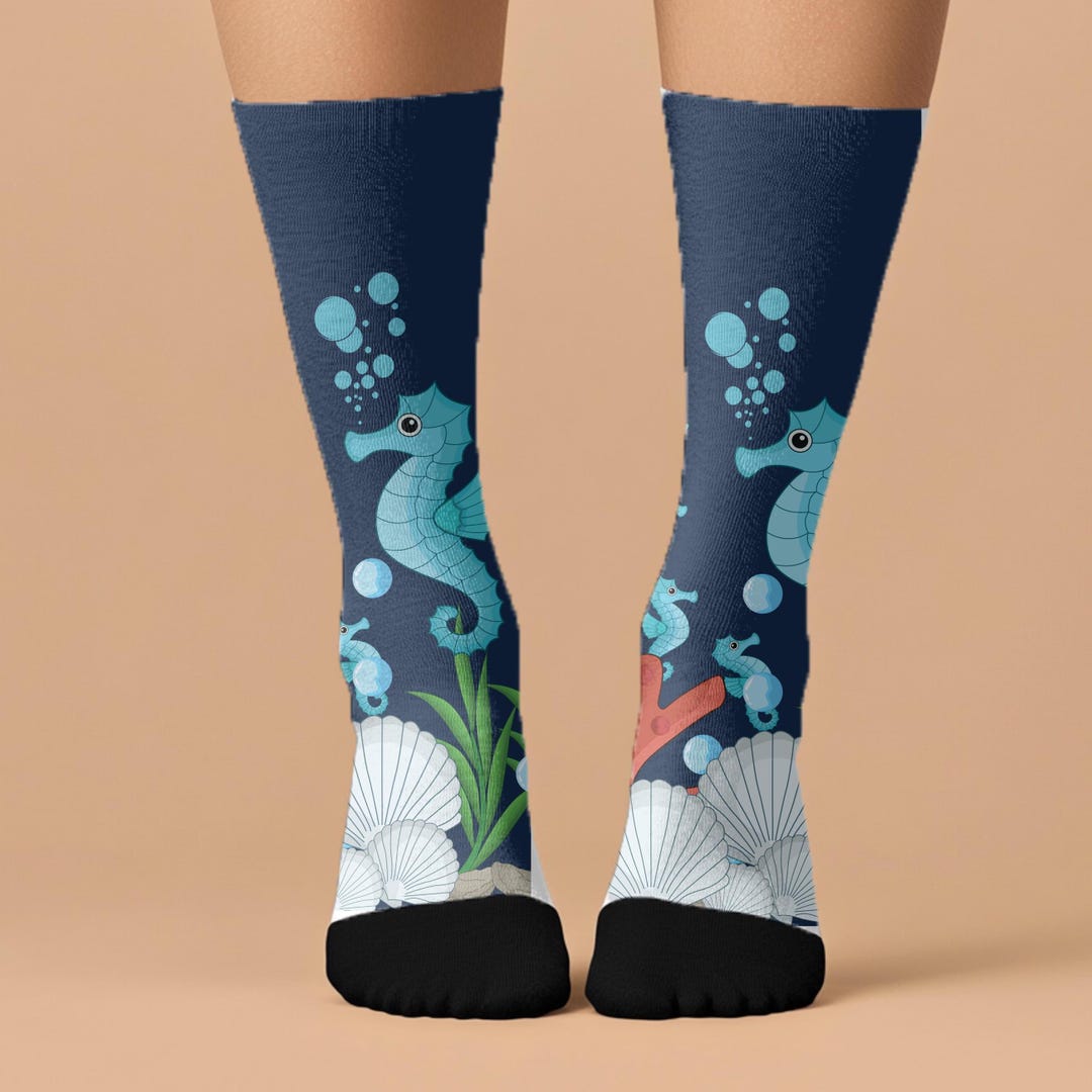 Seahorse Socks With Ocean Theme Socks Sea Life Cushioned Crew Socks - Etsy