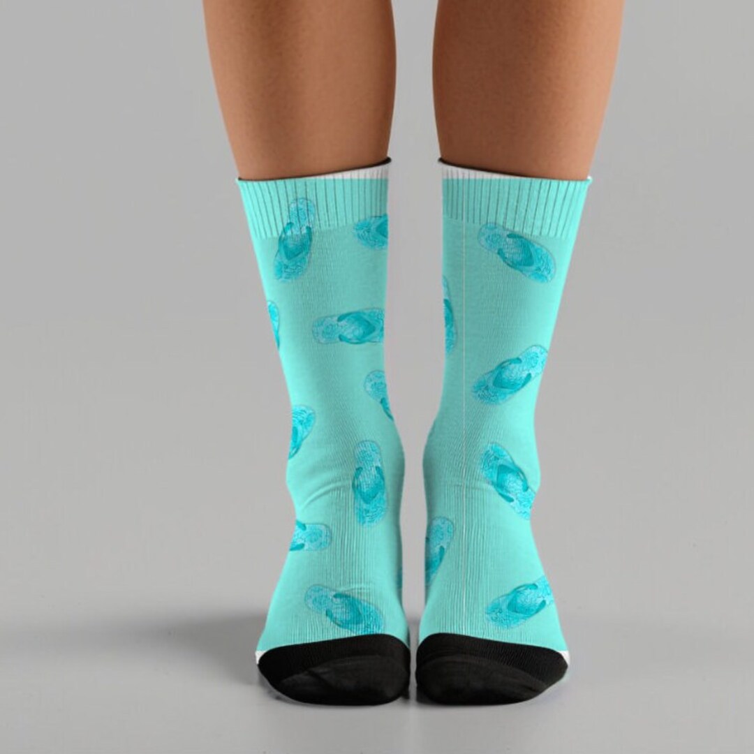 Unisex Summer Socks, Blue Flip-flop Pattern Crew Socks, Cushioned ...