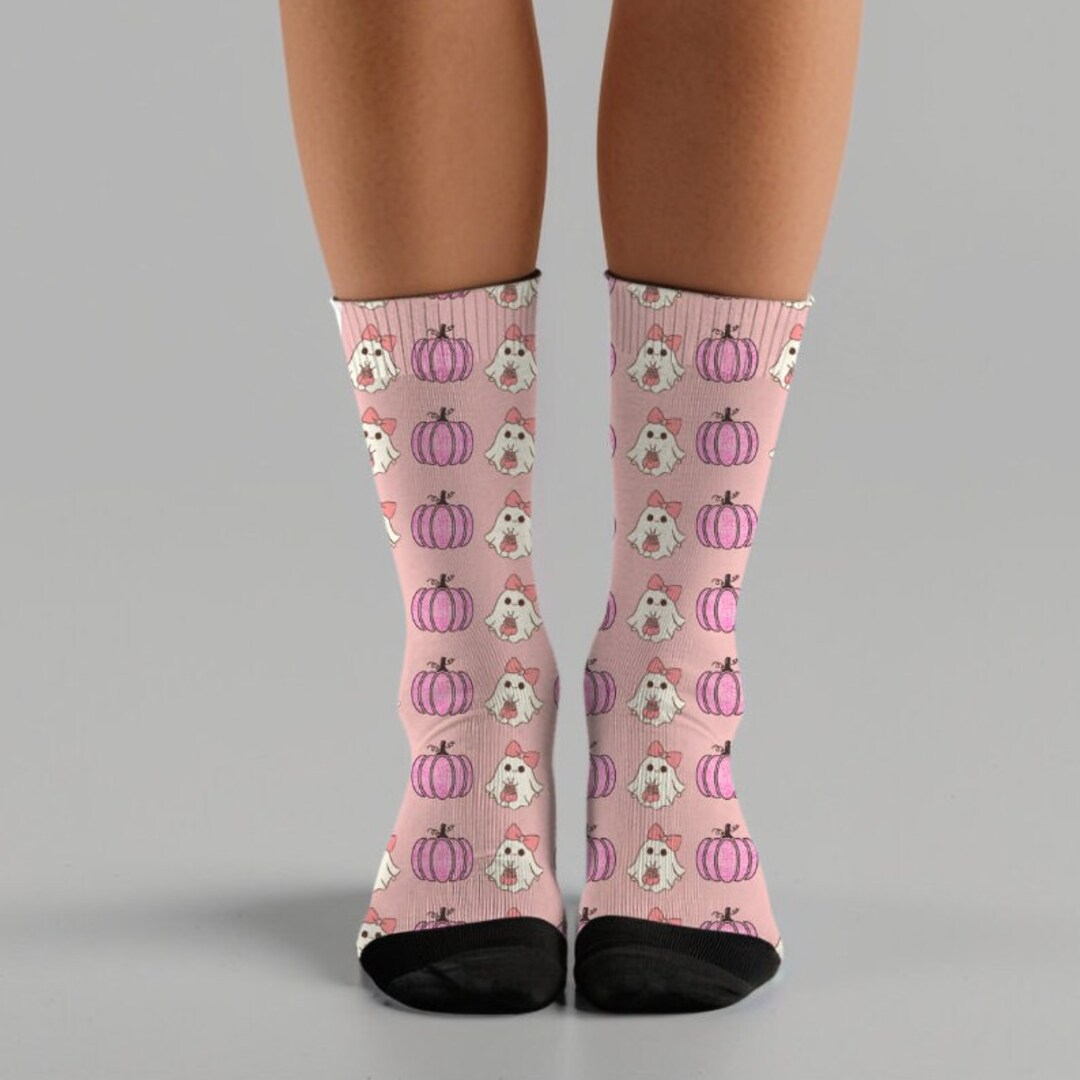 Pink Halloween Socks Cute Halloween Crew Socks Ghost Pumpkin Pattern ...