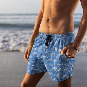 Men's Swimwear Blue Palm Tree Swim Trunks for Men's Swim Shorts for ...