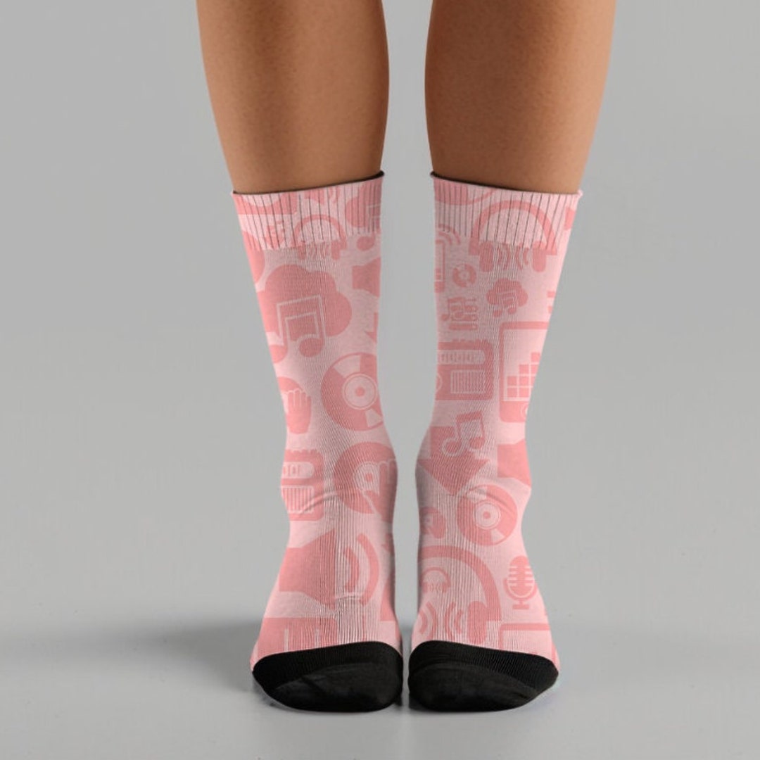 Music Lover Crew Socks: Pink Music Notes, Headphones, and Cds - Etsy