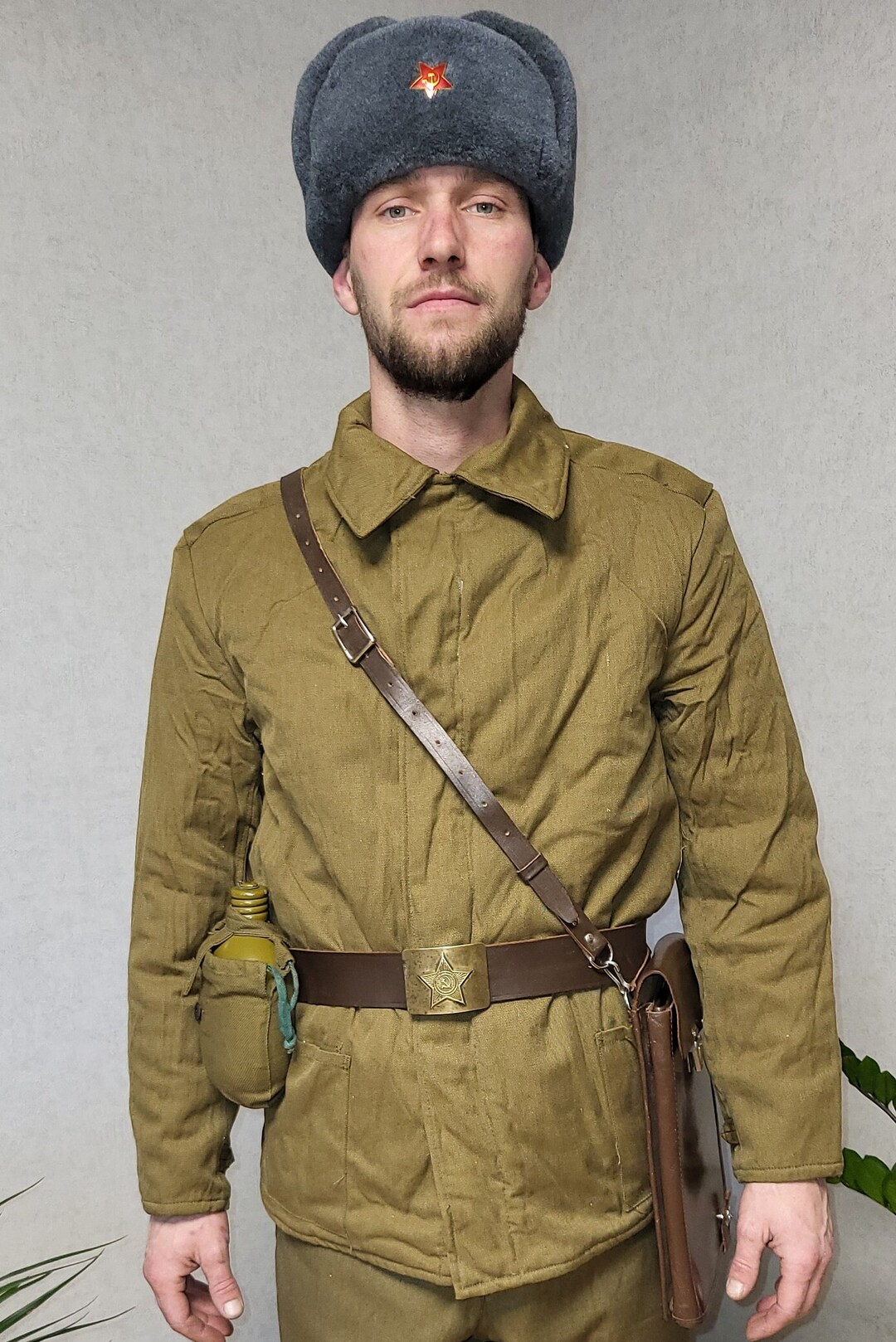 Soviet Historical Pea Coat Hat With Earflaps Belt Leather Bag and Water ...