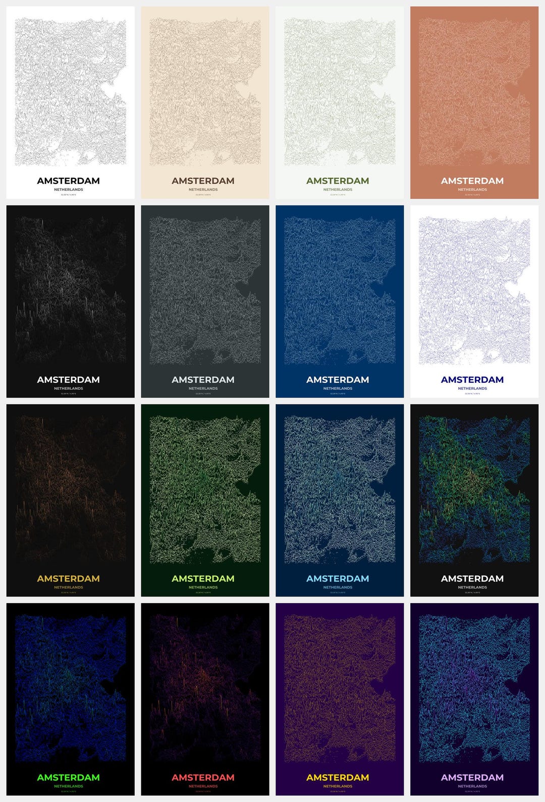 Amsterdam Topographic Map Print | Netherlands Wall Art | 16 Style ...