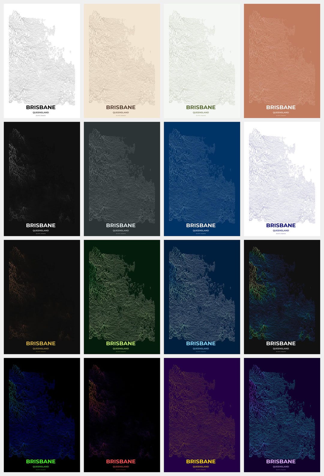 Brisbane Topographic Map Print | Queensland Wall Art | 16 Style Bundle ...