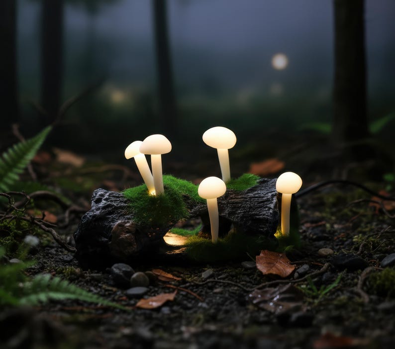 Glowing Shrooms on Hollow Moss Log, Cozy Ambient Desk Light, Minimal ...