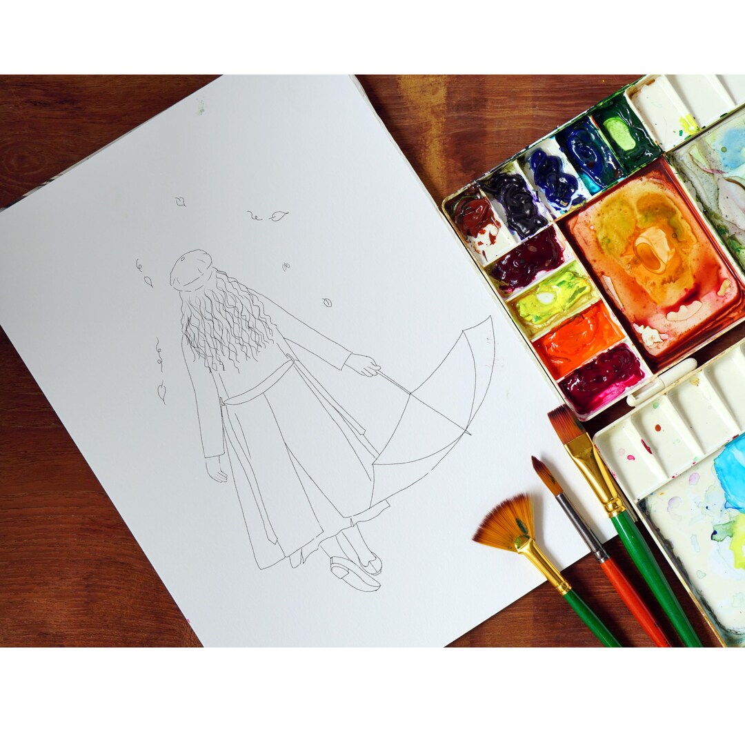 Portrait Painting Outlines for Coloring Fall Lady - Etsy