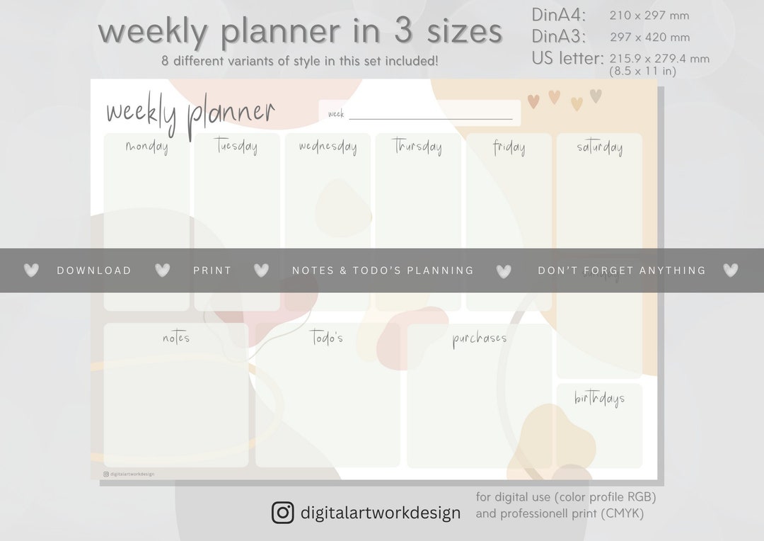 Weekly Planner Digital and Printable High Resolution PDF Files English ...