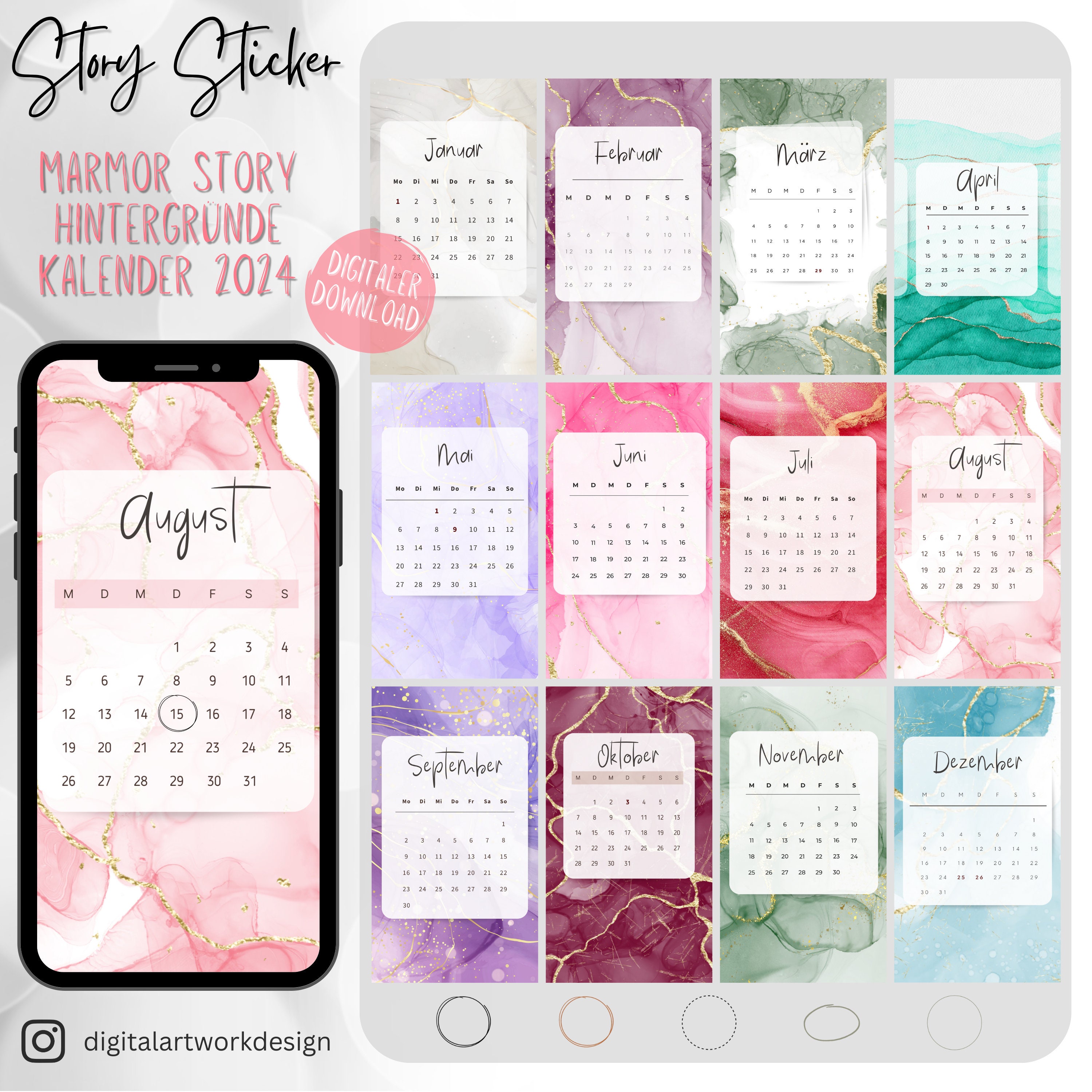 Instagram Calendar 2024 German Marble Gold Backgrounds Story - Etsy
