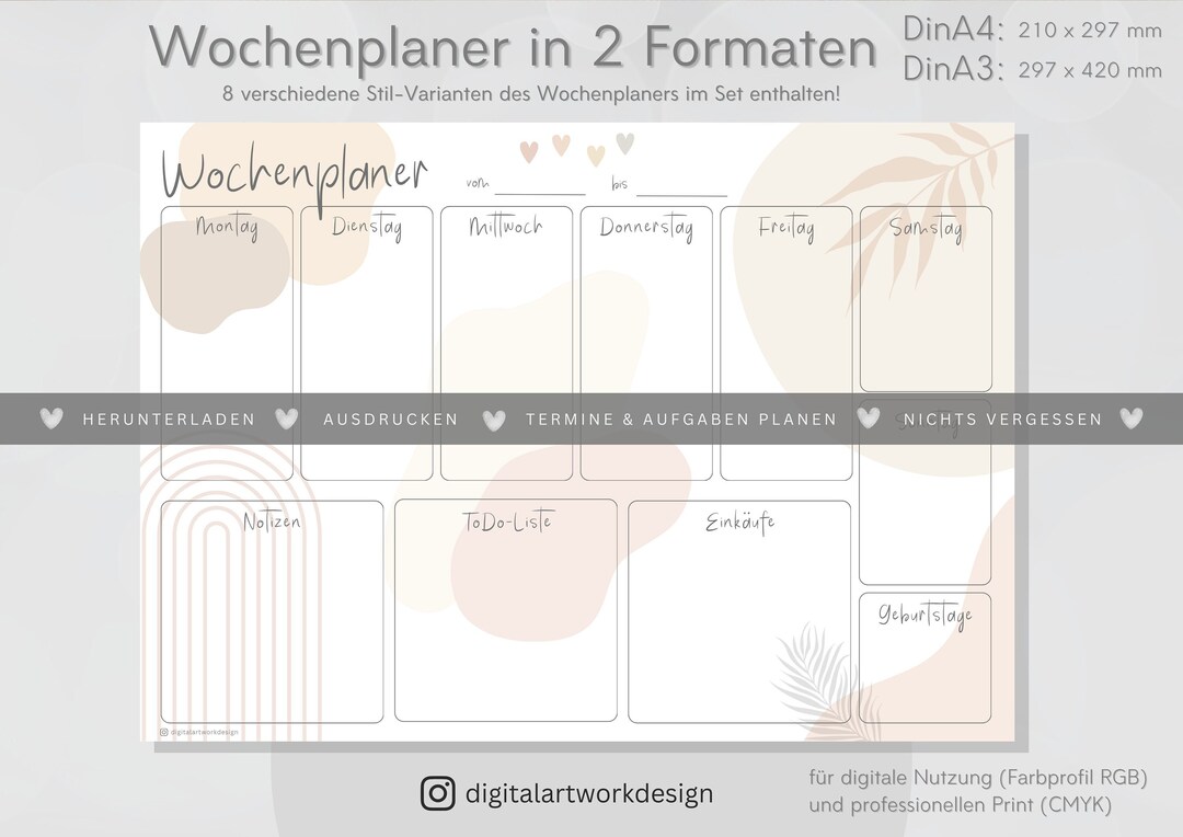 Weekly Planner Digital and Printable High Resolution PDF Files German ...
