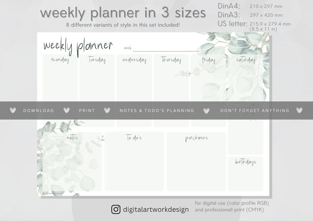 Weekly Planner Digital and Printable High Resolution PDF Files - Etsy