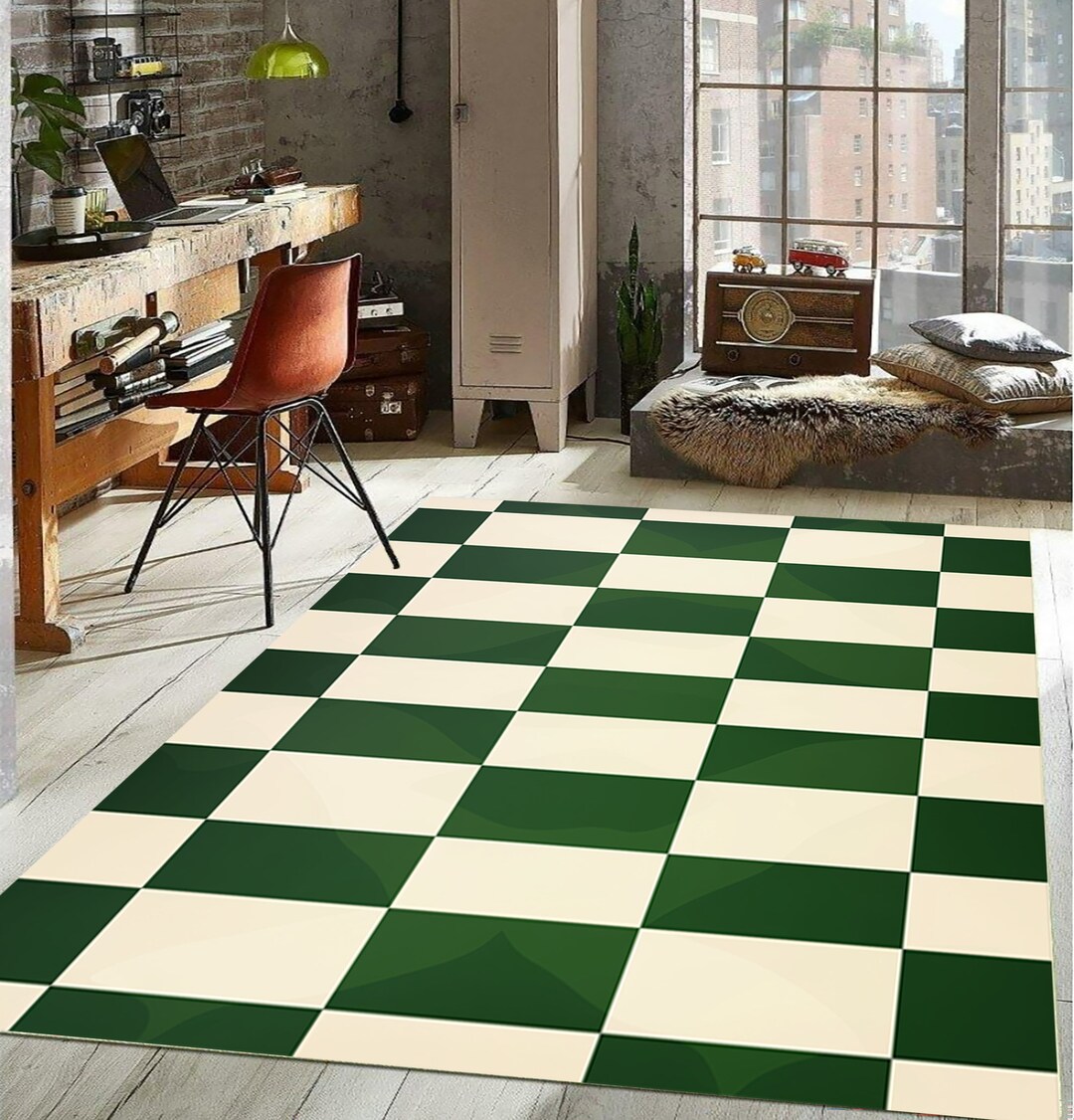 Mid Century Modern Green Checkered Rug: Geometric Retro Style - Etsy
