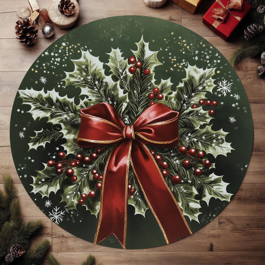Christmas Rug, Holly Rug, Christmas Holly Berries Round Rug, Green Xmas ...