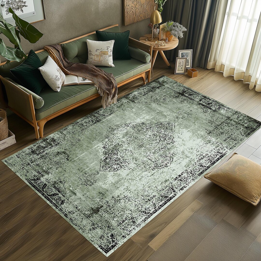 Green and Black Rug, Distressed Rug, Faded Rug, Faded Color Rug ...