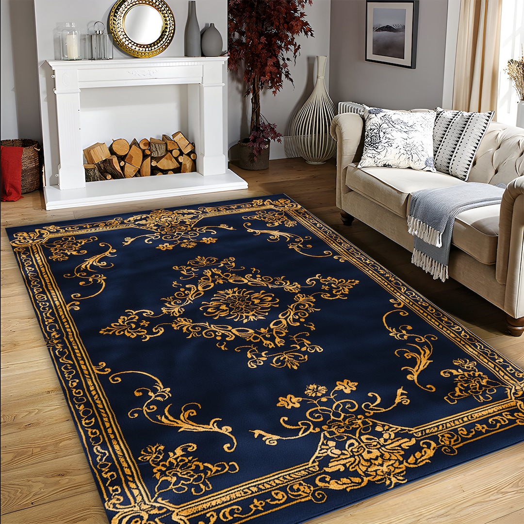 Blue Rug, Blue Turkish Rug, Traditional Rug, Living Room Rug, Gold ...
