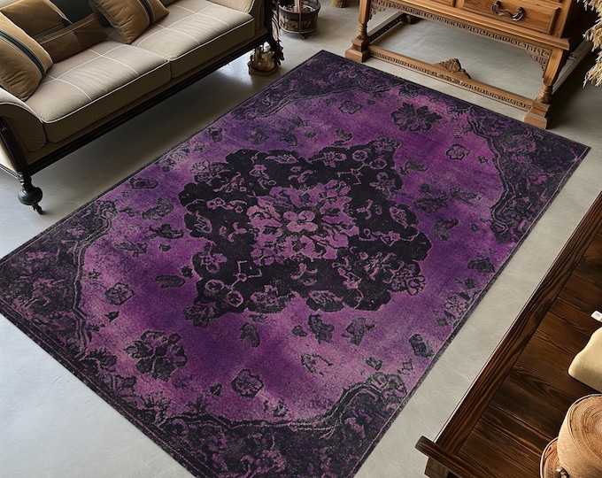Purple Rug, Purple Black Rug, Distressed Rug, Turkish Rug, Traditional ...