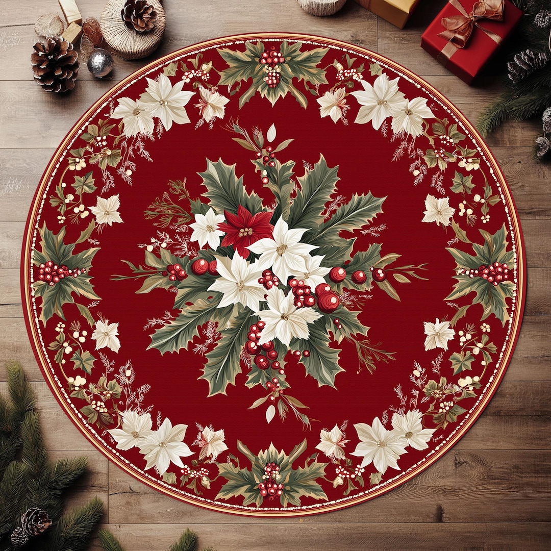 Poinsettia Rug, Christmas Rug, Poinsettia Round Rug, Christmas Round ...
