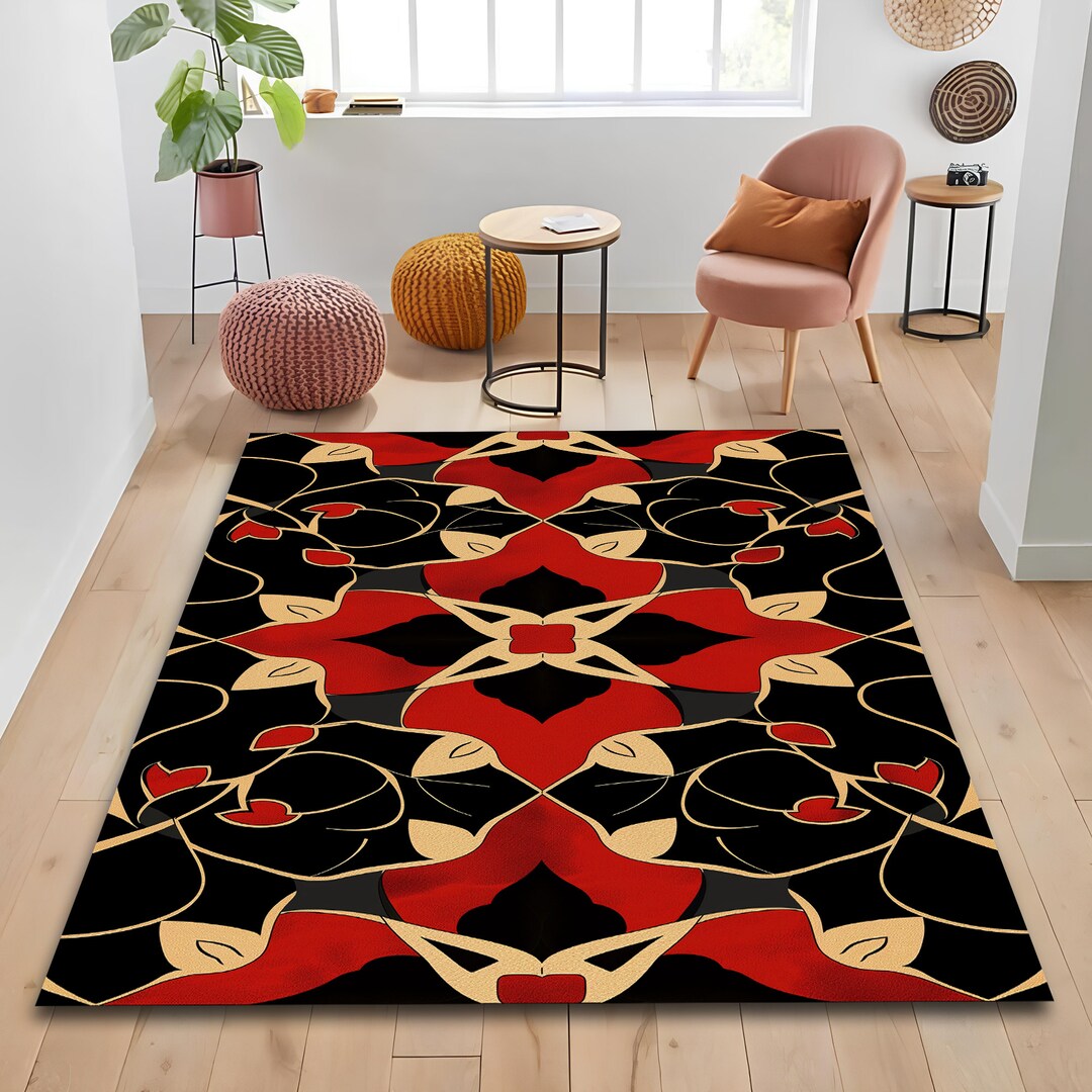 Traditional Rug, Red Black Gold Rug, Flowers Rug, Floral Rug, Rug for ...