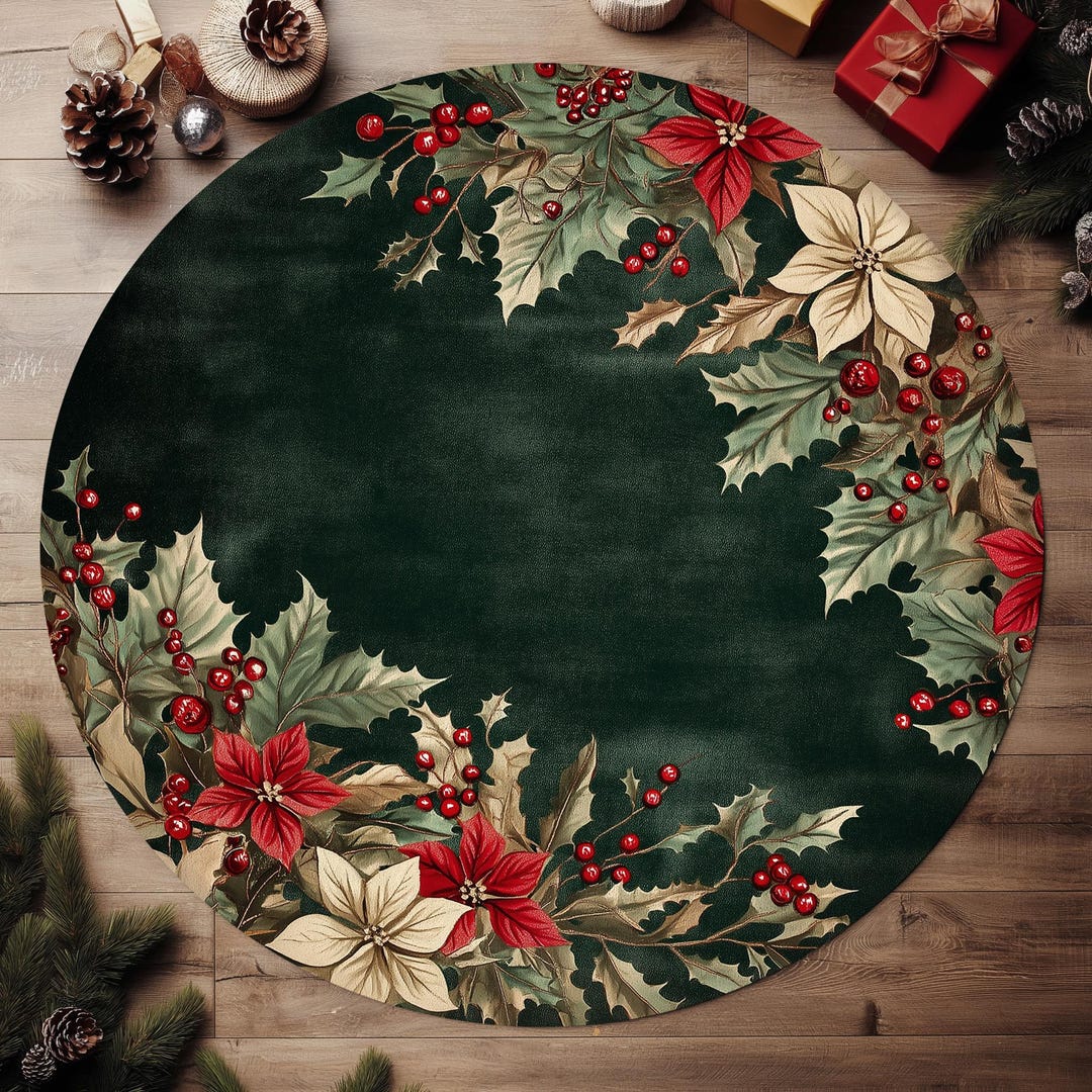 Christmas Rug, Christmas Round Rug, Poinsettia Christmas Rug, Xmas Rug ...