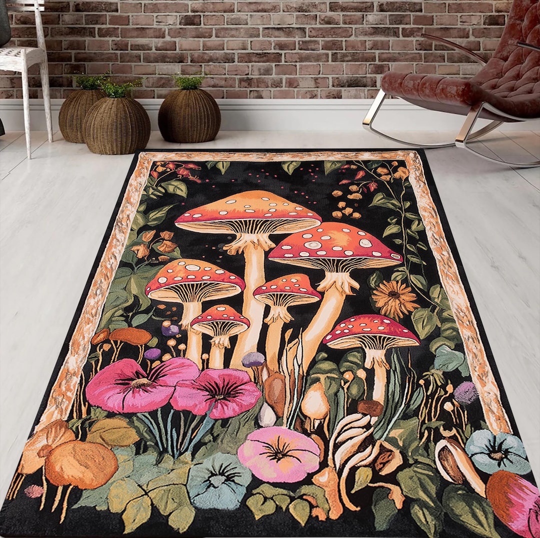 Mushroom Rug, Rustic Mushroom Rug, Mushroom Flowers Rug, Mushroom Decor ...