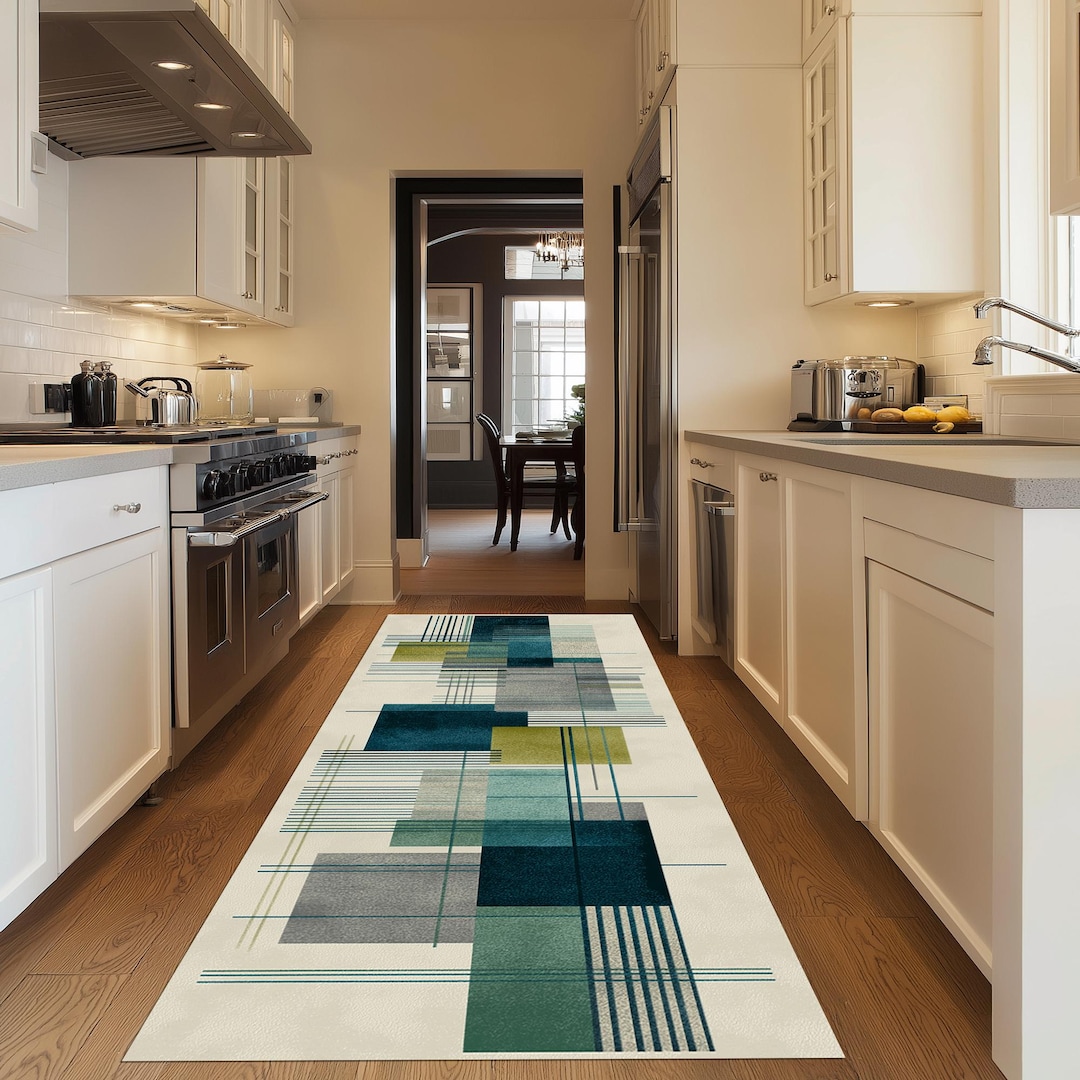 Mid Century Modern Geometric Runner Rug: Abstract Striped Hallway Decor ...