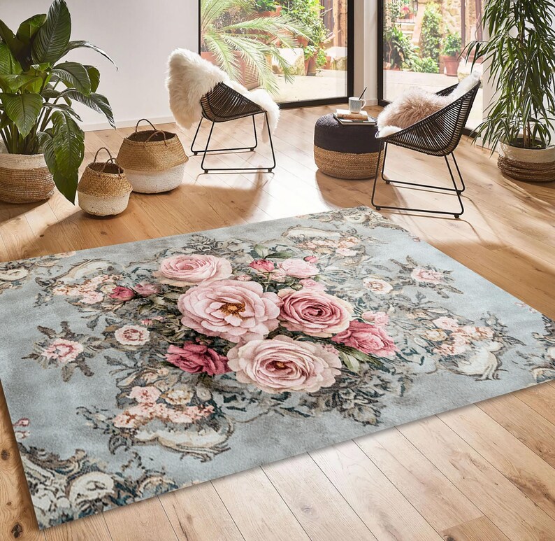 Pink Rose Floral Rug: Faded Spring Flower Area Rug - Etsy