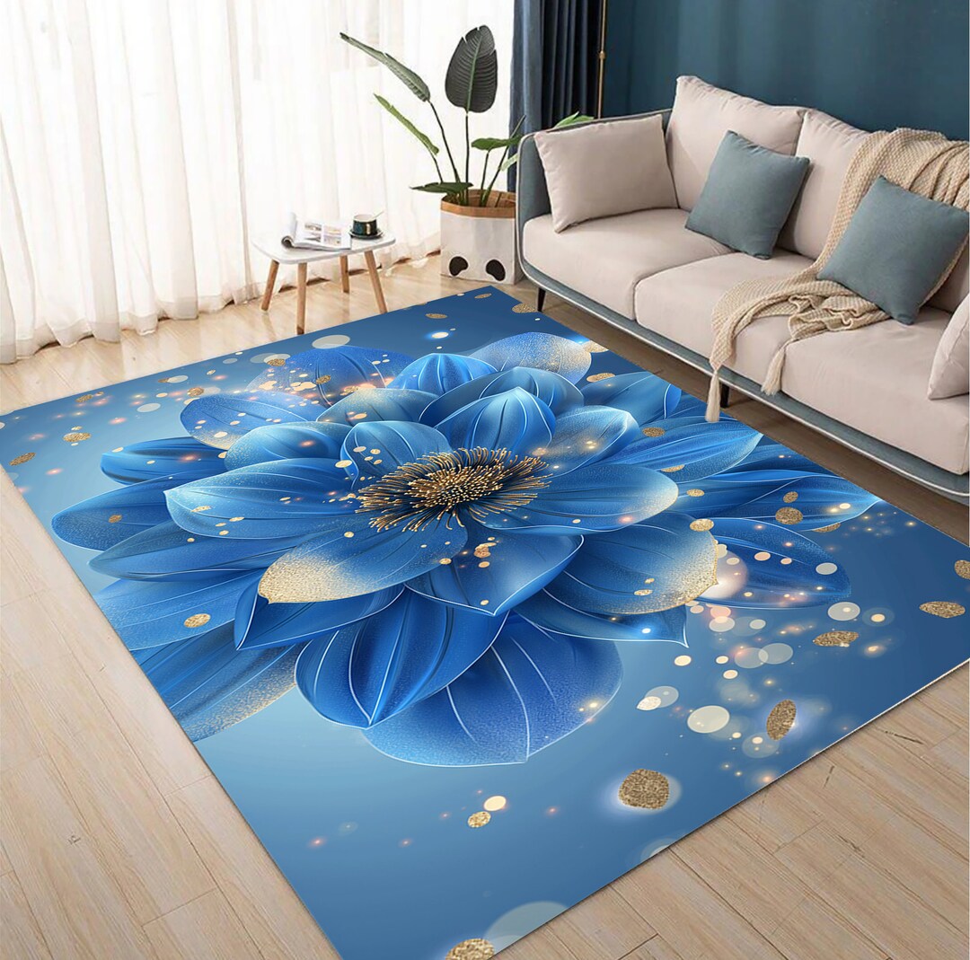 Blue Flower Rug, Modern Floral Rug, Luxury Flowers Rug, Mandala Pattern ...
