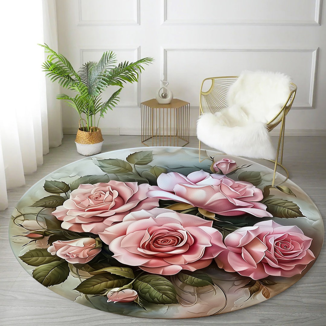Rose Rug, Rose Round Rug, Pink Rose Rug, Round Rug, Flower Round Rug ...