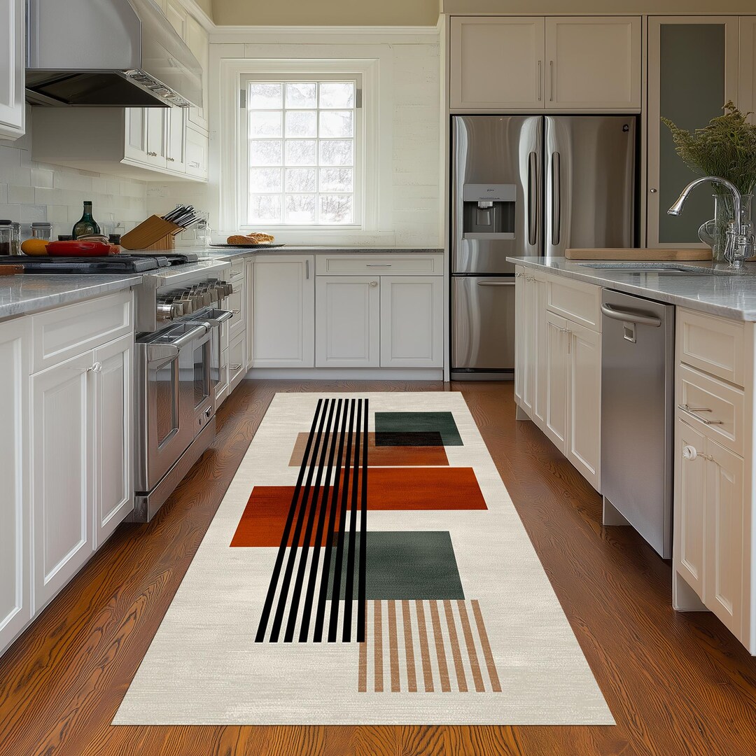 Mid Century Modern Geometric Runner Rug: Abstract Striped Hallway Decor ...