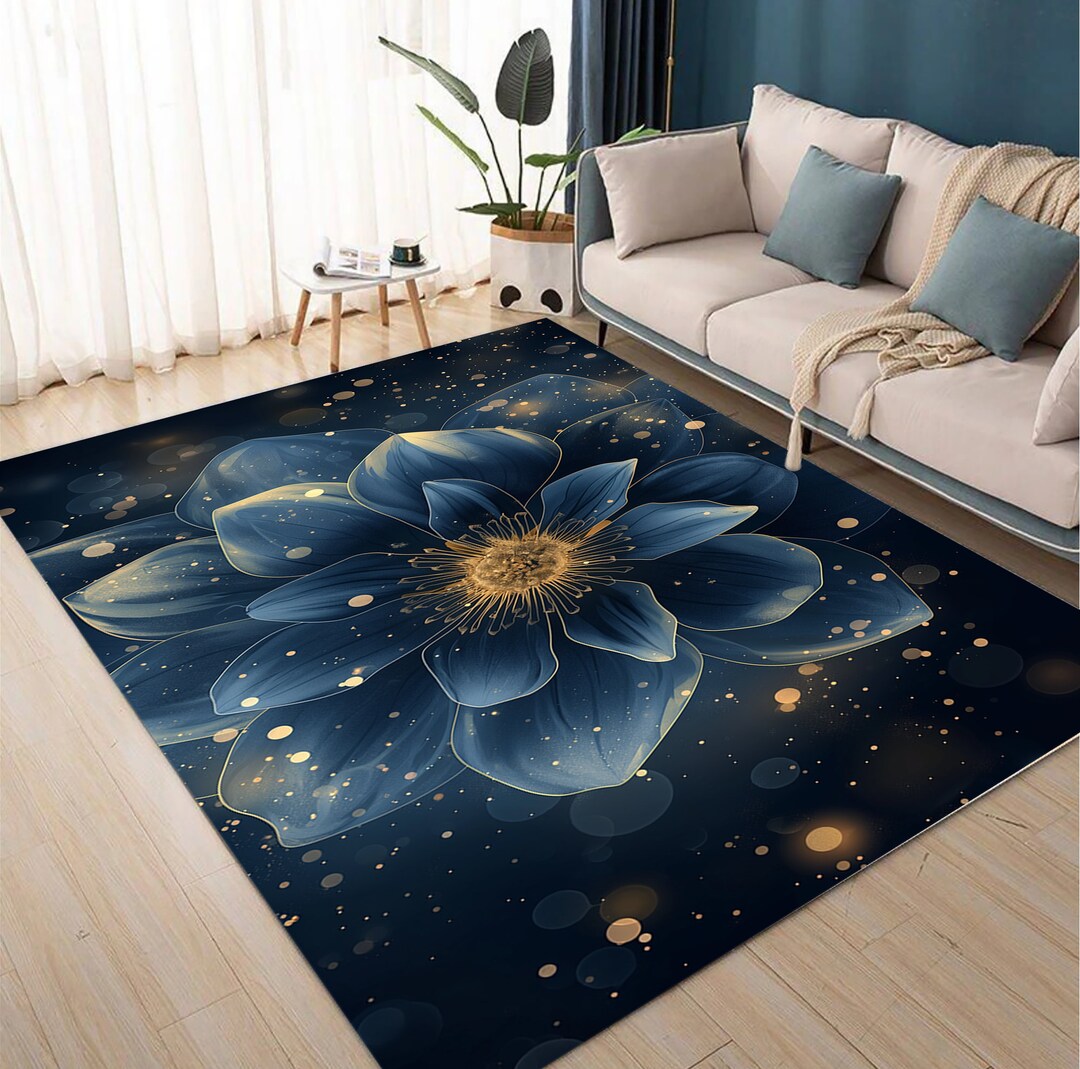 Dark Blue Floral Rug: Modern Mandala Flower Area Rug - Etsy
