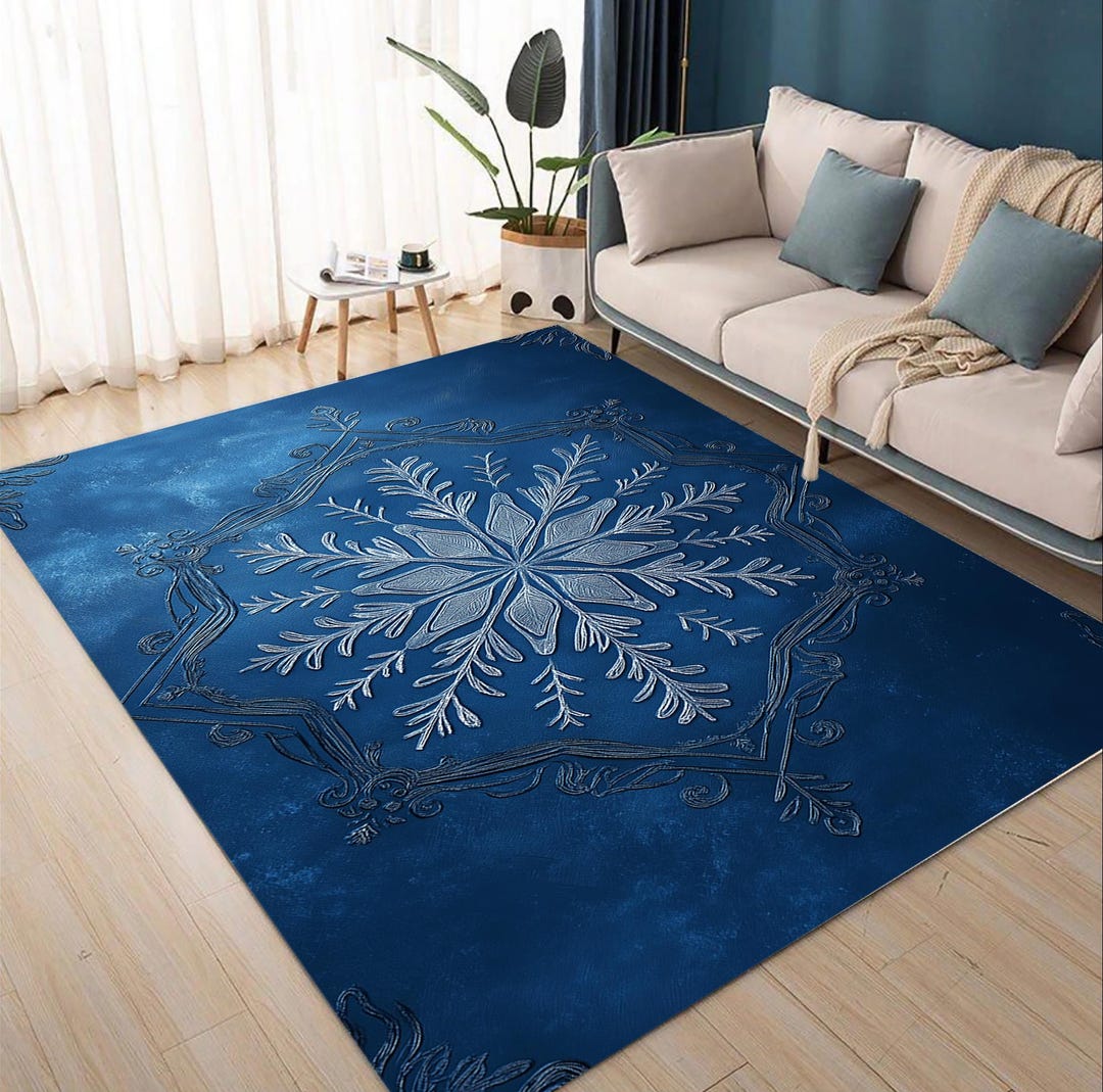 Snowflake Rug, Christmas Rug, Winter Snowflake Rug, Dark Blue Snowflake ...