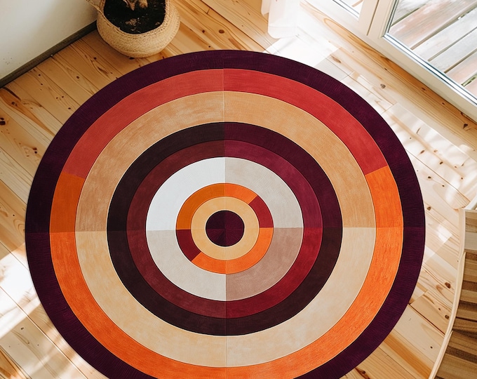 Mid Century Rug, Round Mid Century Rug, Retro Rug, Brown Orange Rug, 70 ...