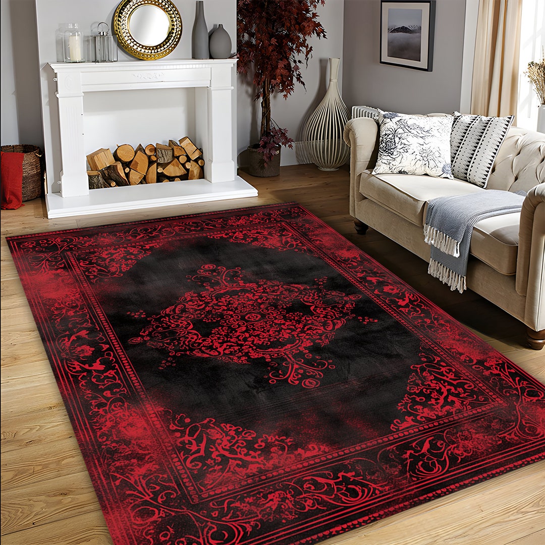 Turkish Rug, Red Black Rug, Faded Rug, Distressed Rug, Border Rug ...