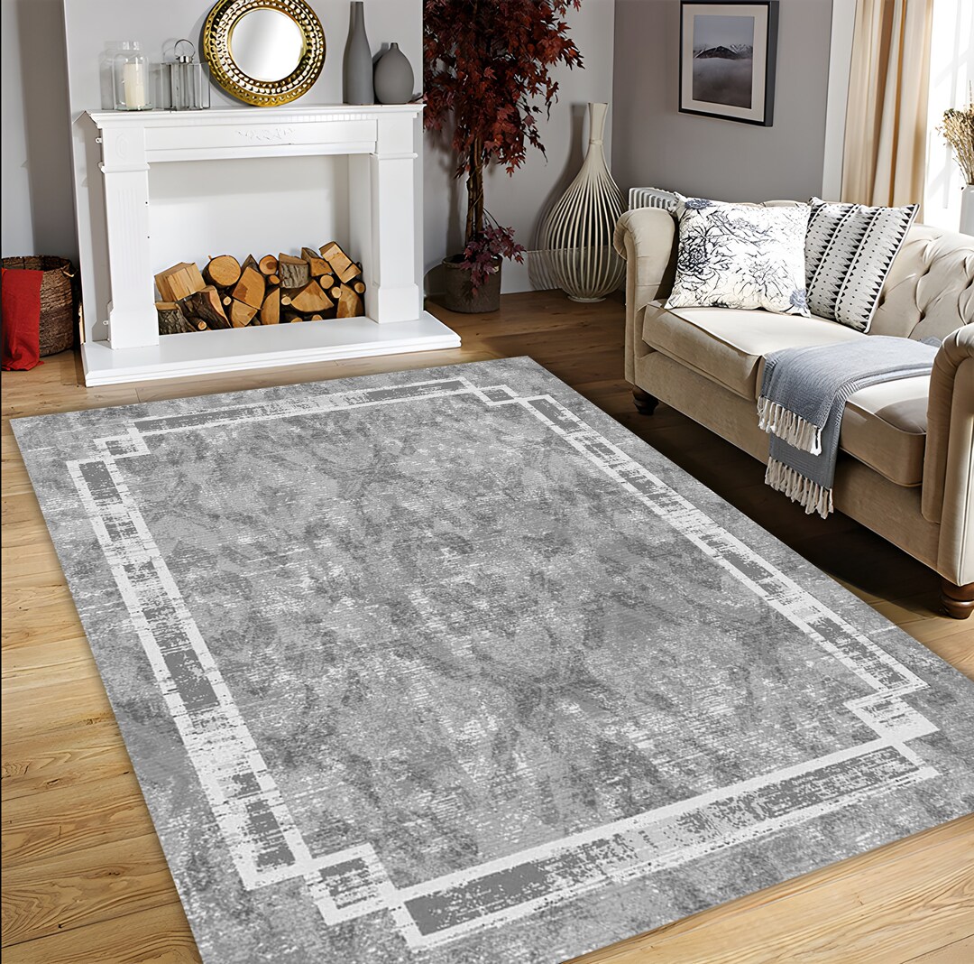 Grey Rug, Faded Rug, Abstract Rug, Modern Rug, Distressed Rug, Border ...