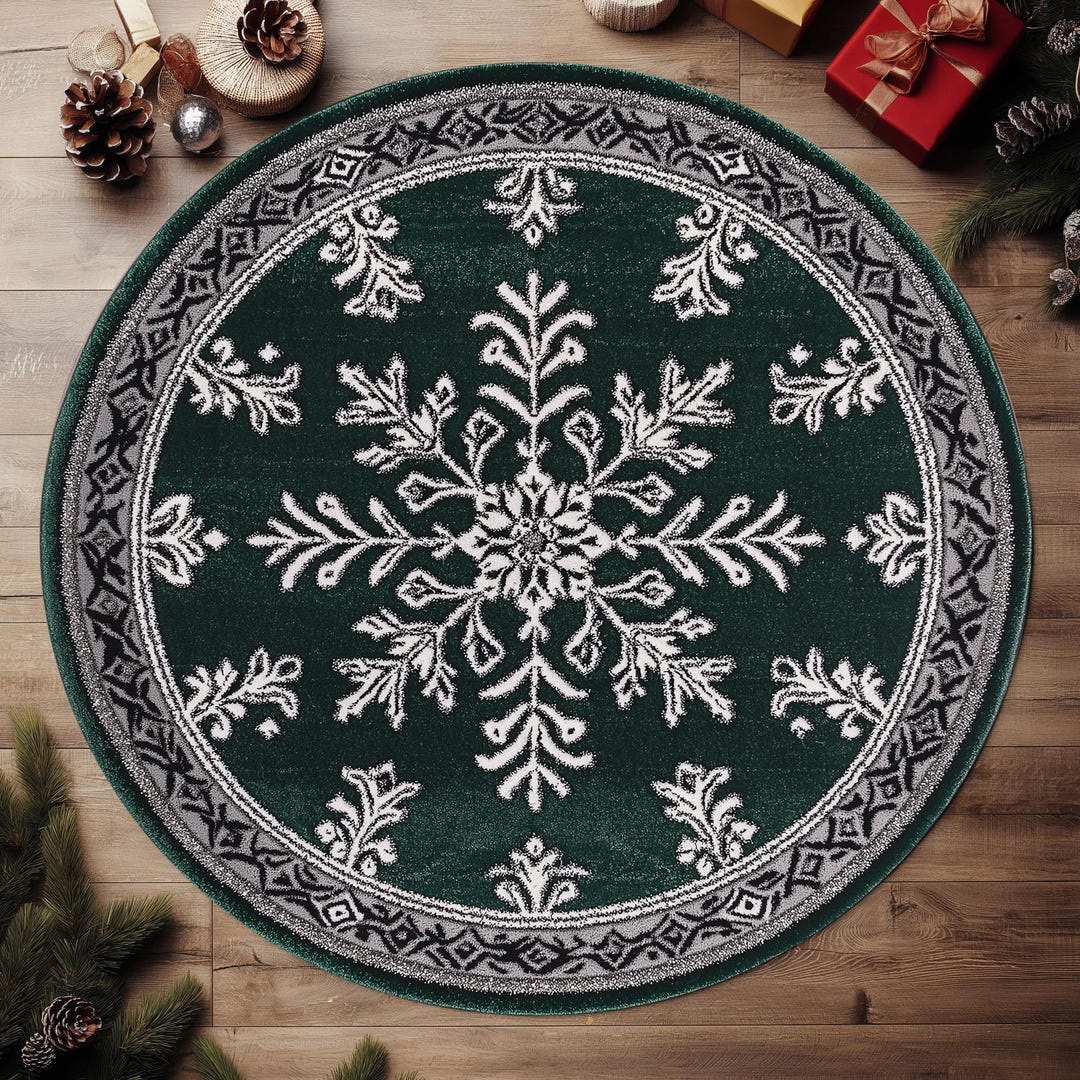 Dark Green Snowflake Round Rug: Christmas Winter Decor - Etsy
