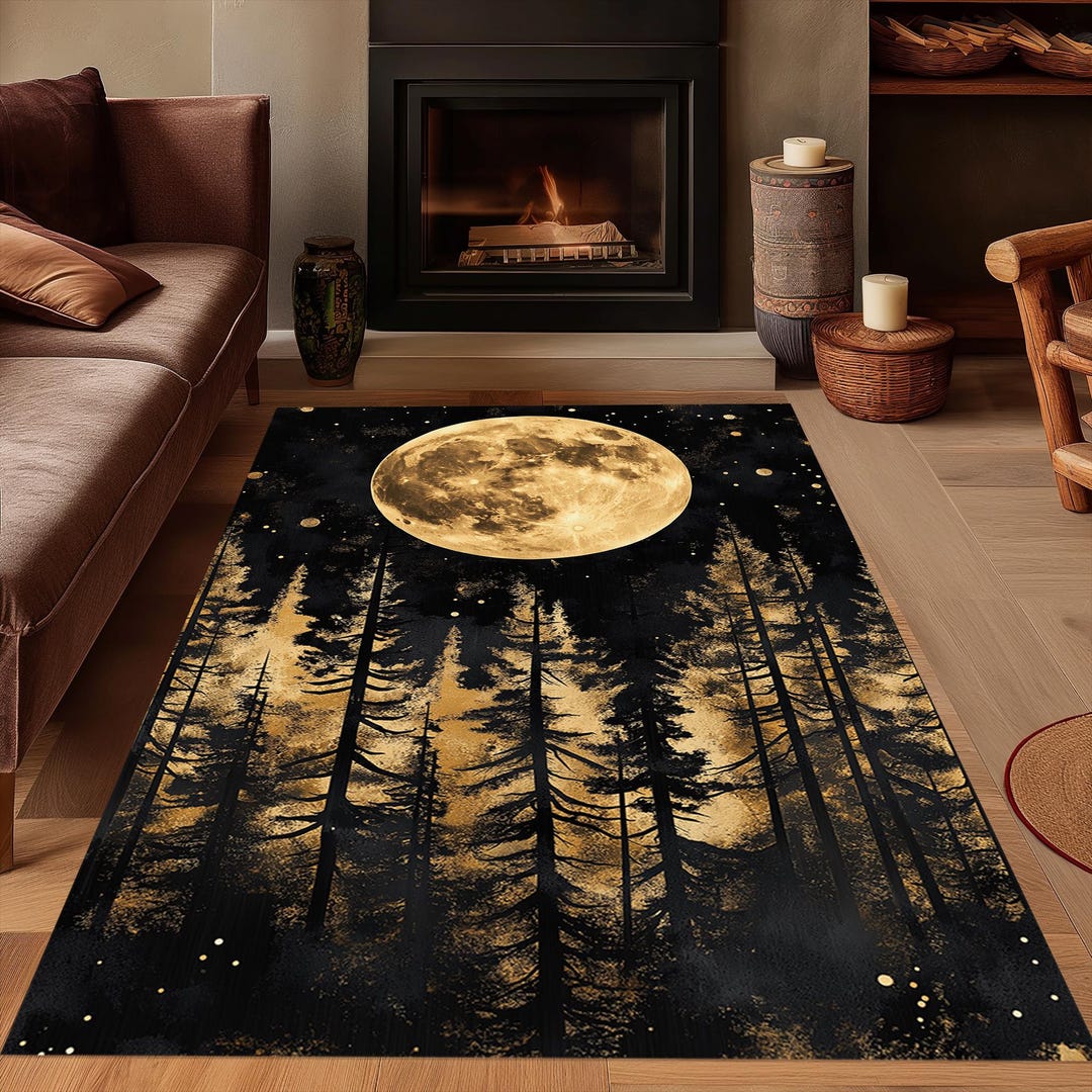 Moon Rug, Full Moon Rug, Moon Art Rug, Black Gold Rug, Black Gold Moon ...