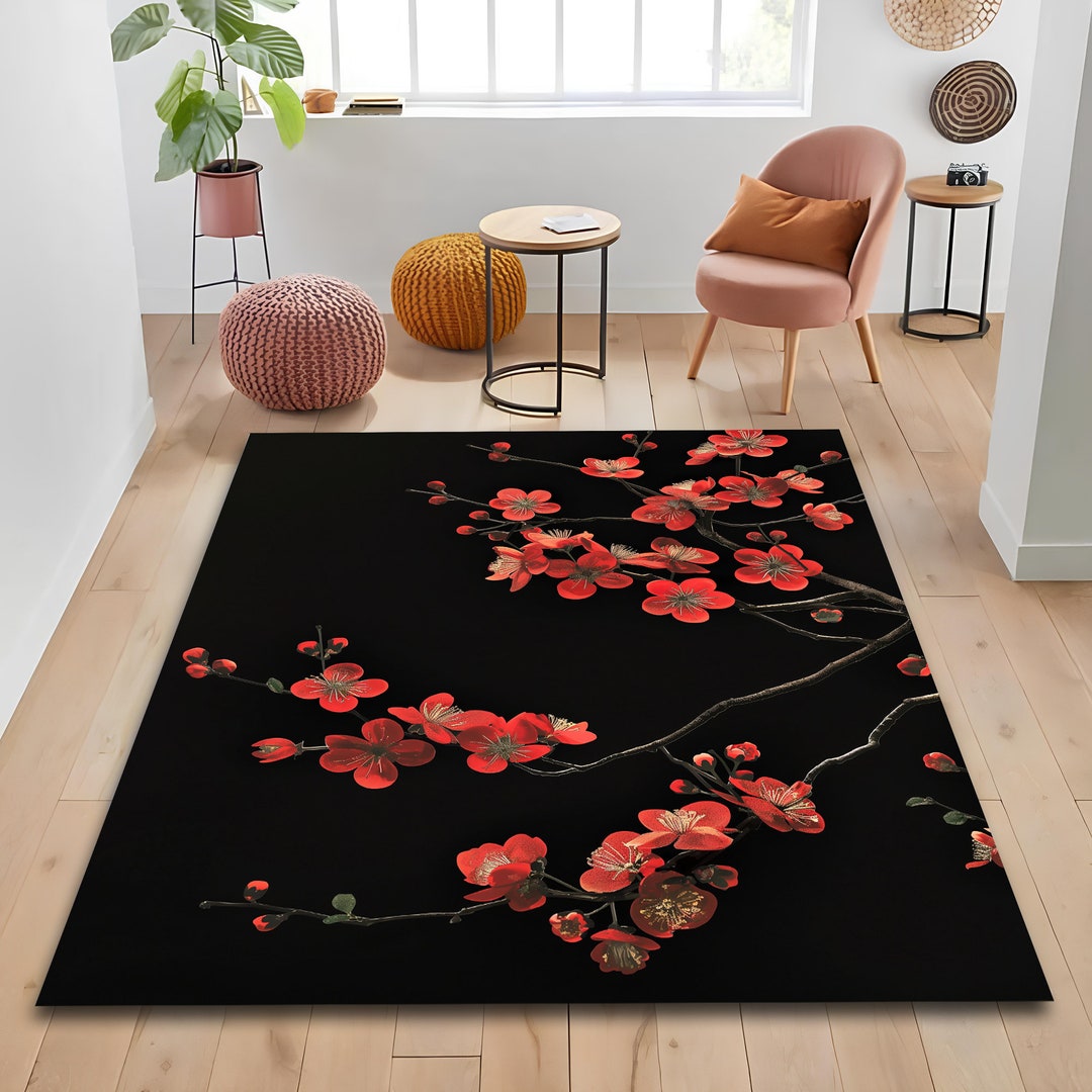 Cherry Blossom Rug, Cherry Blossom Area Rug, Red Flower Rug, Blossom ...