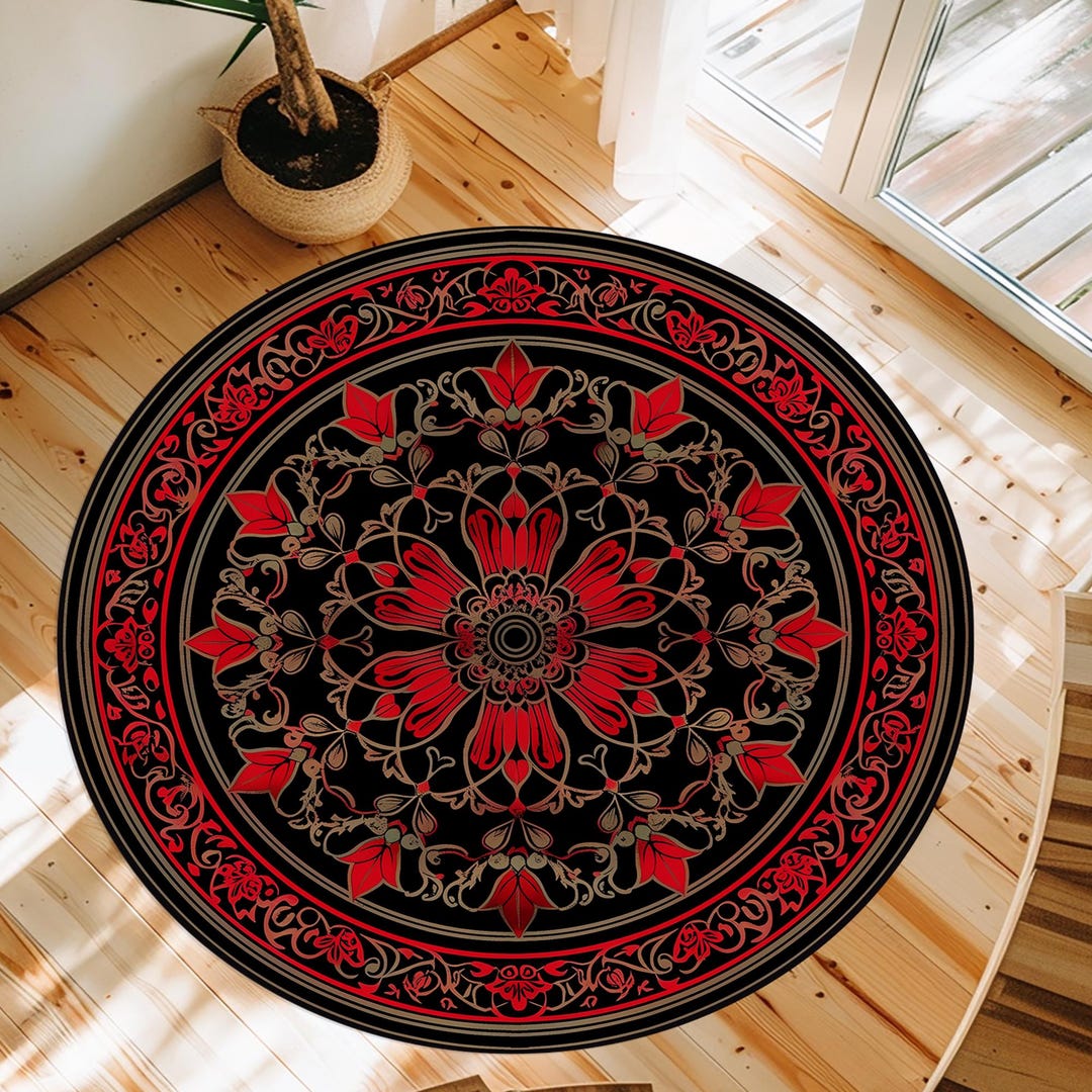 Black Red Round Rug, Classic Black Red Round Pattern Rug, Flower Round ...