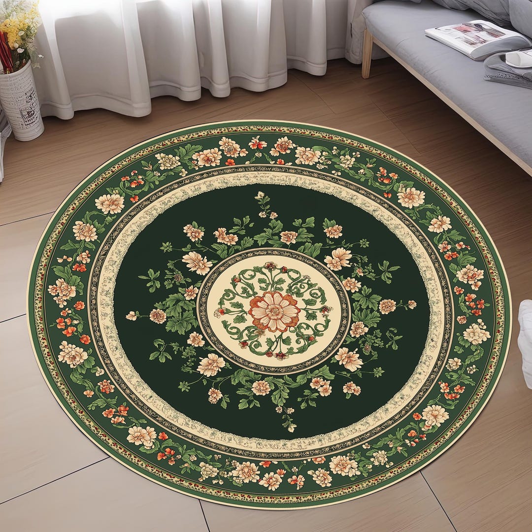 Green Floral Round Rug: Traditional Style Area Rug - Etsy