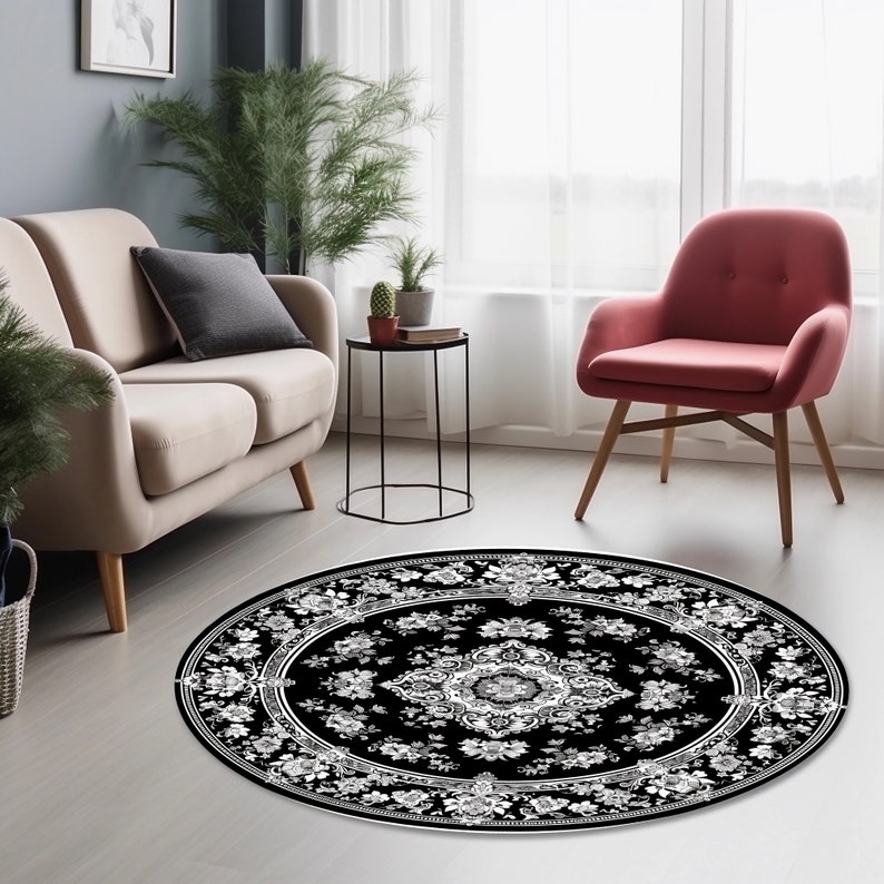 Black White Round Rug, Classic Black White Round Pattern Rug, Flower ...