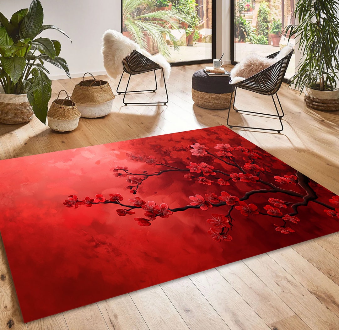 Cherry Blossom Rug, Cherry Blossom Area Rug, Red Flower Rug, Floral Rug ...